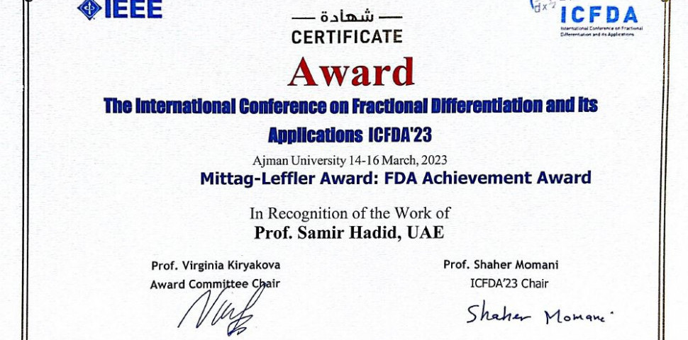 Dr. Samir Hadid wins the Mangus Gosta-Mittag-Leffler Award | College of ...